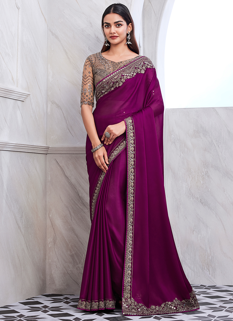 Buy Chiffon Silk Maroon Party Wear Embroidery Work Saree Online From Wholesale Salwar